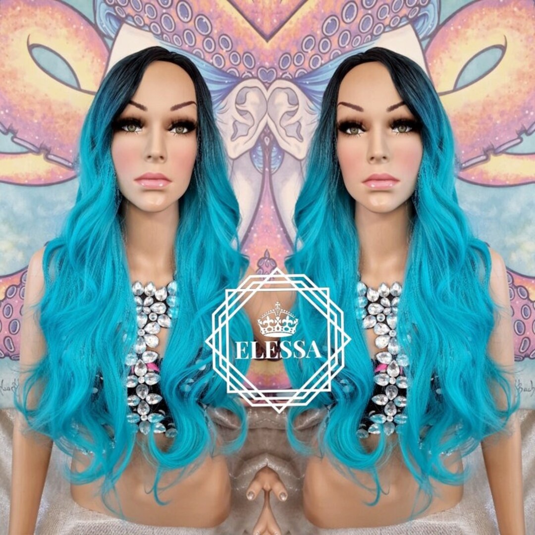 Beautiful Long Curly Hairstyle Ombre Black Root and Turquoise Color Wig ...