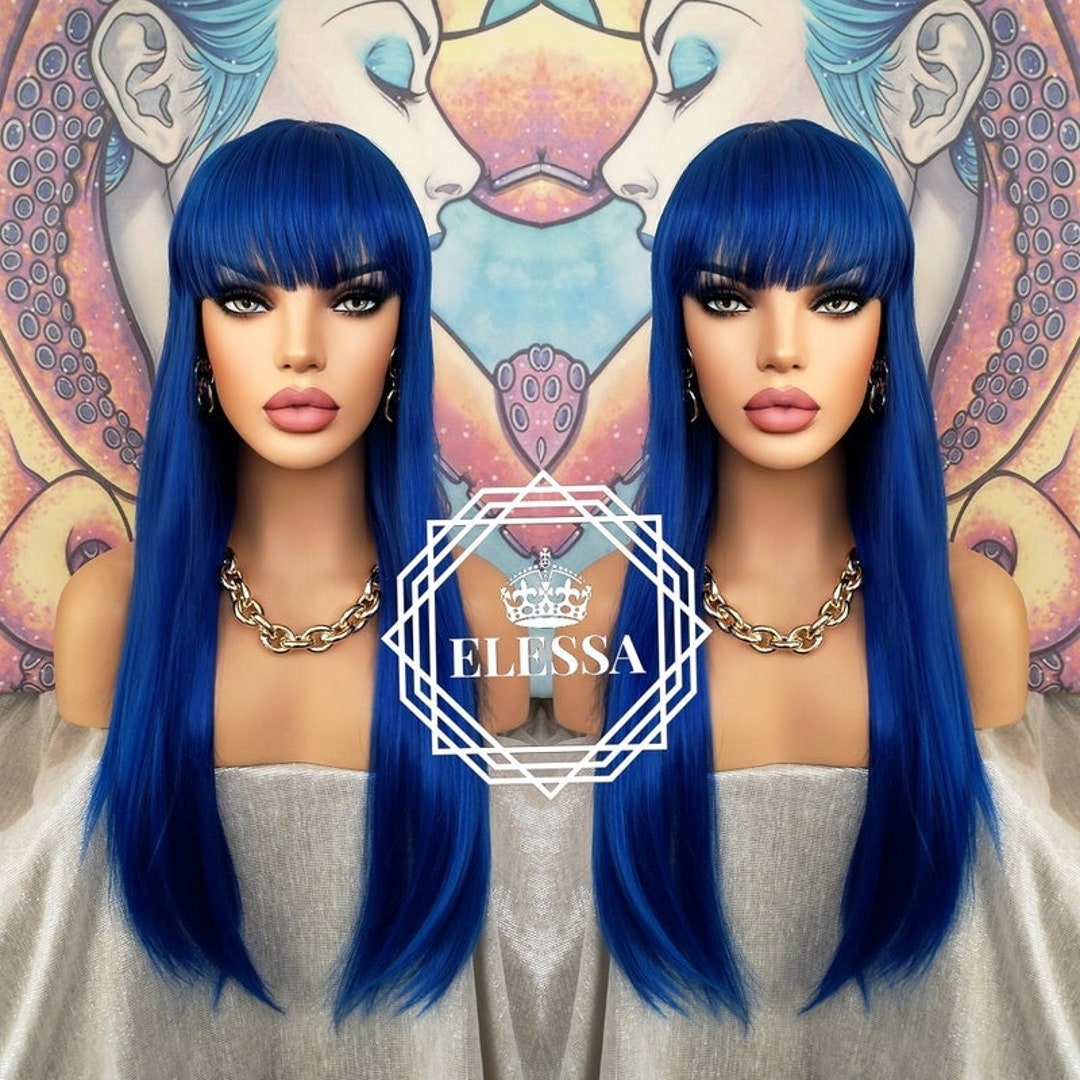 Long Straight Dark Royal Blue Color Wig With Bangs, Wigs, Blue Wigs ...