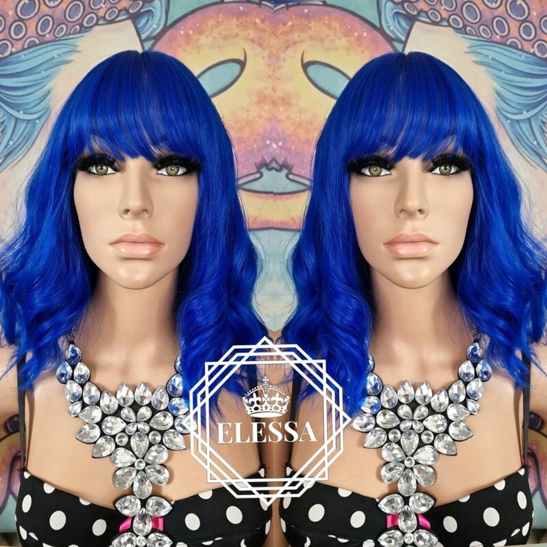 Medium Wavy Hairstyle Bob Royal Blue Color Wig With Bangs, Wigs, Blue ...