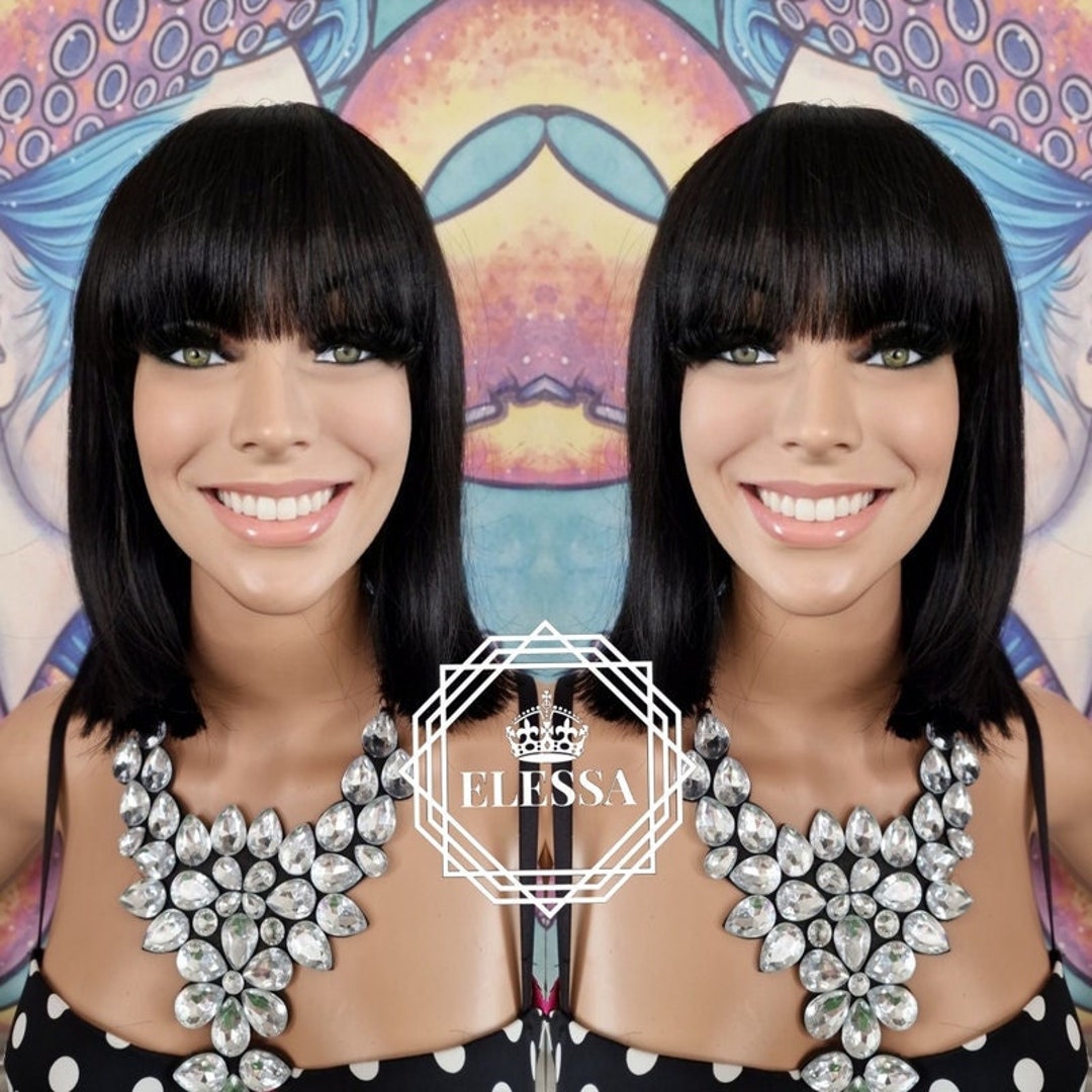 Beautiful Medium Straight Bob Hairstyle Natural Black Color Wig With ...