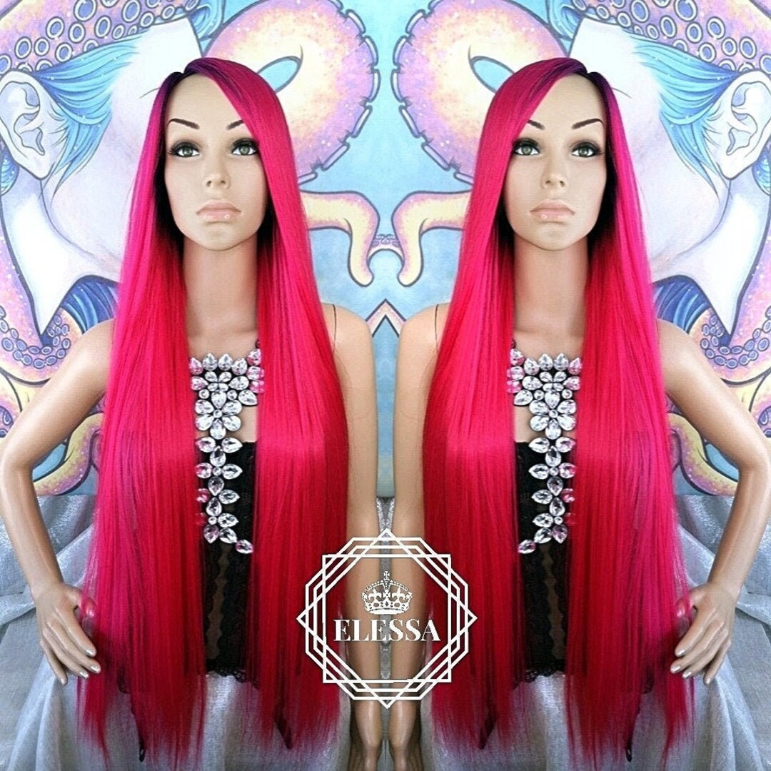 Cute Extra Long Straight 100 Cm Ombre Dark Blue Root and Sweet Pink ...