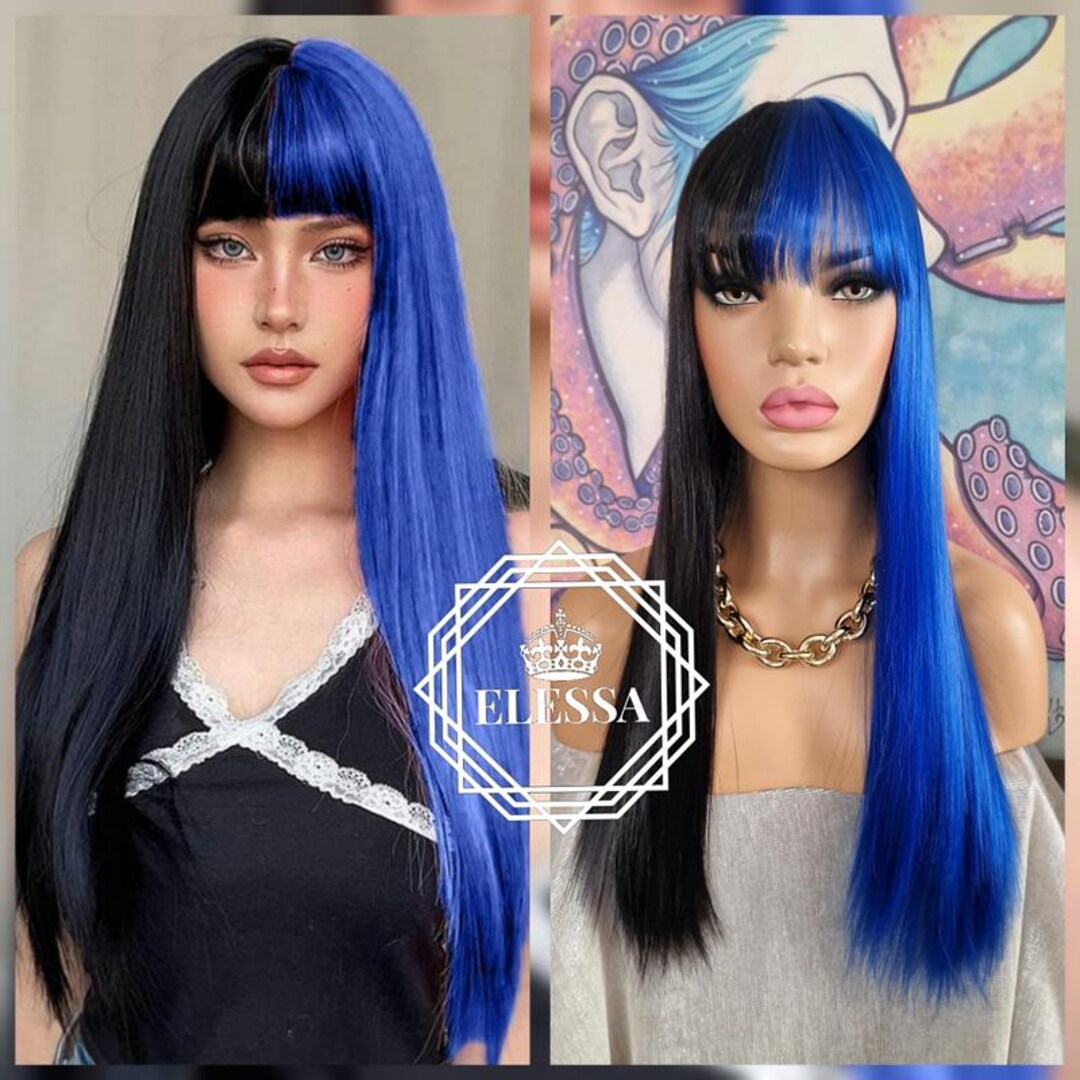 Amazing Long Straight Hairstyle Black and Dramatic Royal Blue Color Wig ...