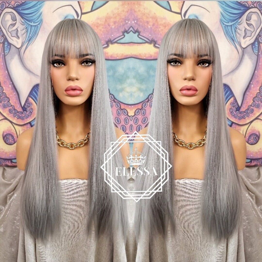 Sexy Long Straight Platinum Light Grey Color Wig With Bangs, Wigs ...