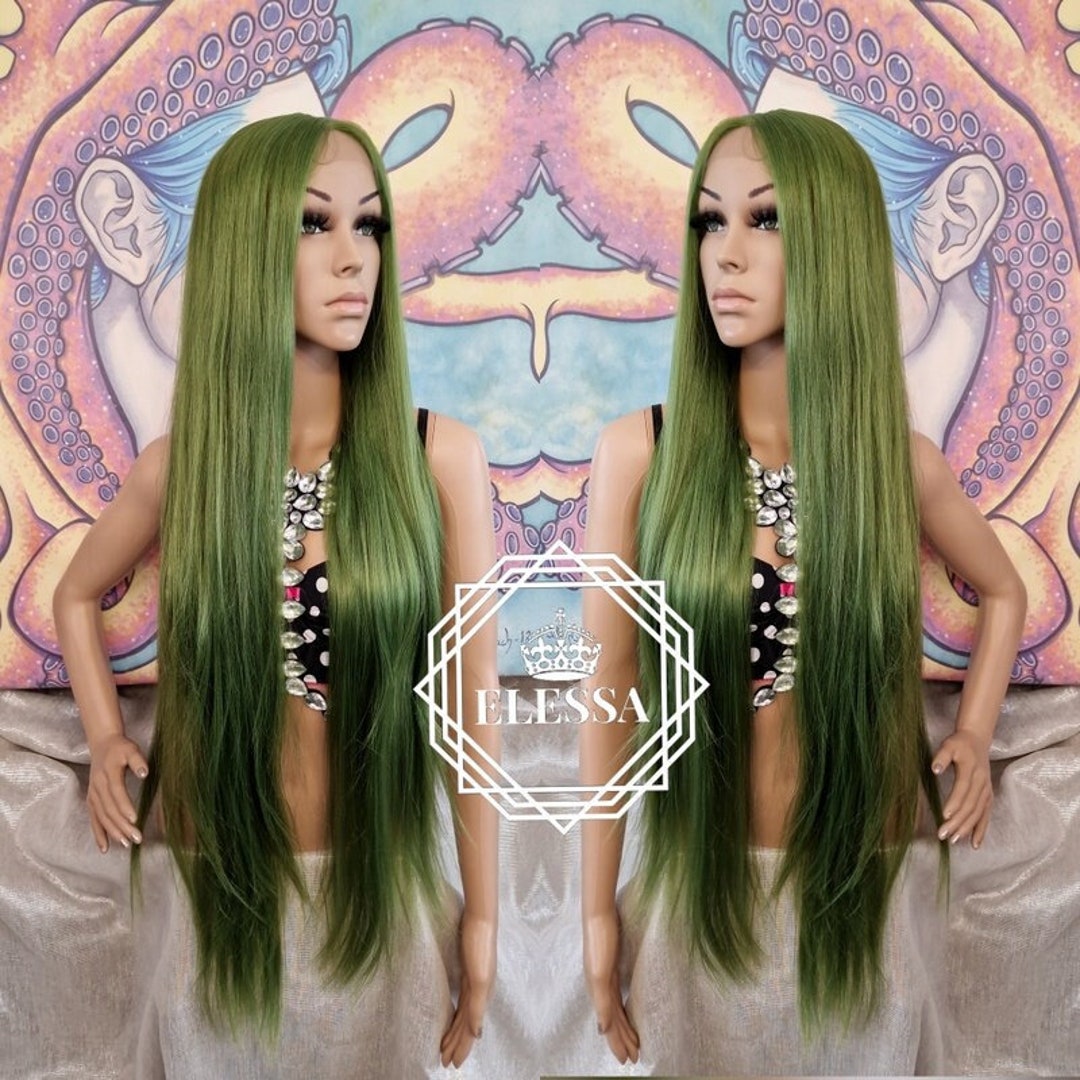 Lalace Front LUXURY Extra Long 100cm Straight Grassy Green Color Wig ...