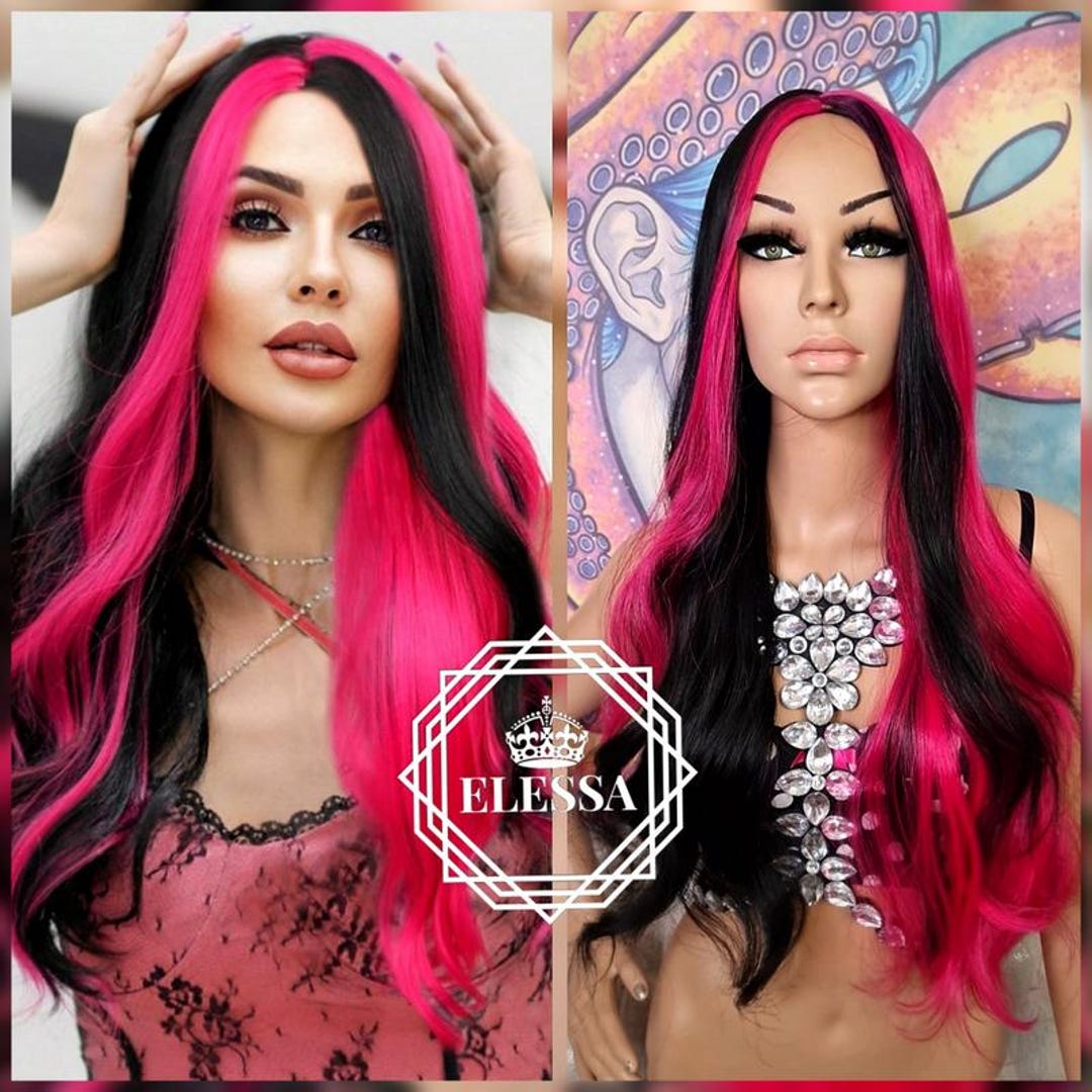 Amazing Fantasy Long Wavy Hairstyle Black and Sweet Pink Fuchsia Color ...