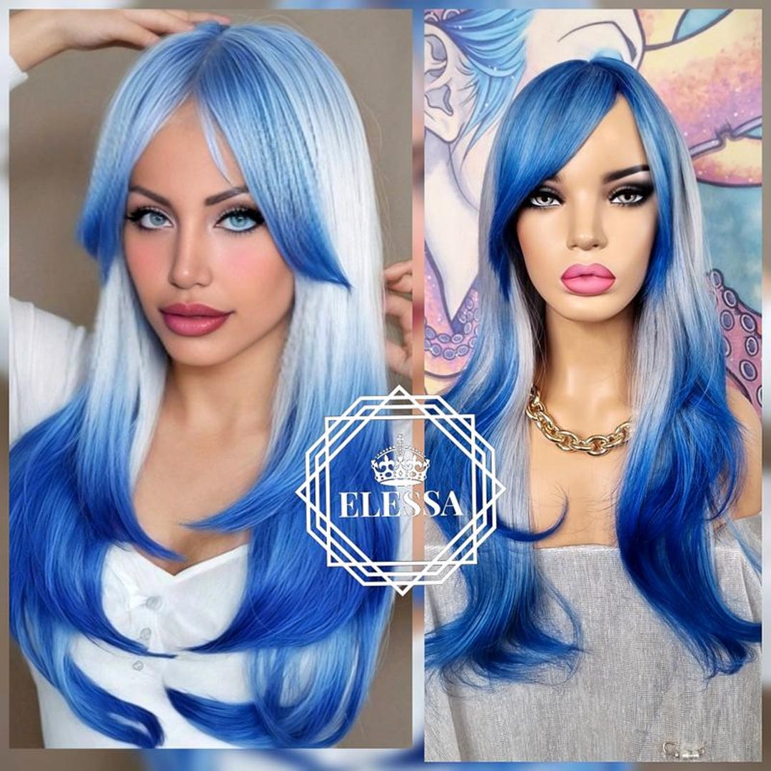 Fabulous Long Straight Gradient Effect - Ink Seal Blue and Light Grey ...