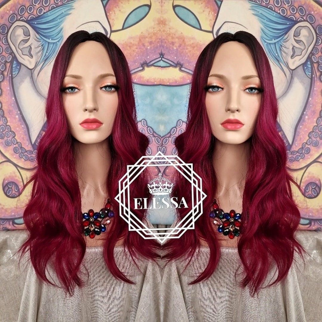 Beautiful Long Ombre Black Root and Dark Cherry Red Color Wig, Wigs ...