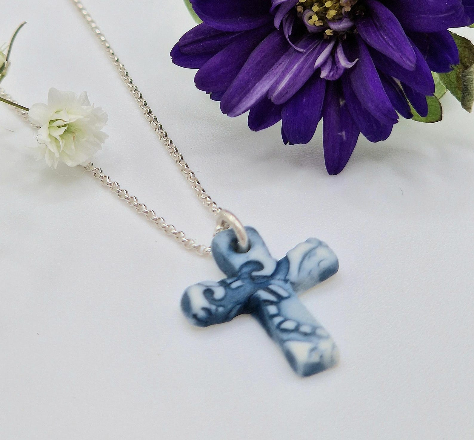 Handmade Ceramic Cross Necklace, Blue Porcelain Gift, Sterling Silver ...