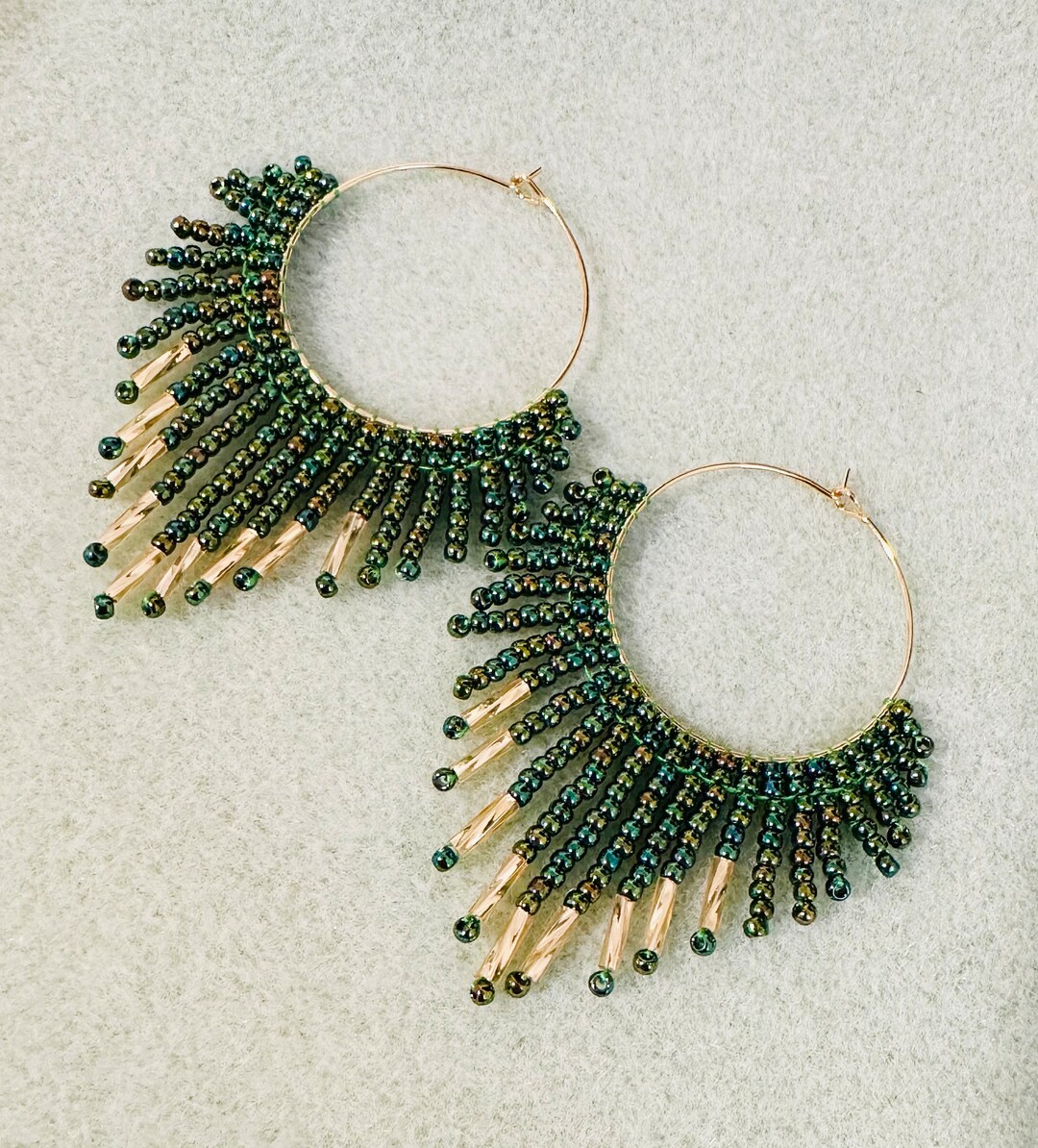 Green & Gold Earrings Beaded Earrings Seed Bead Earrings Hoop Earrings ...