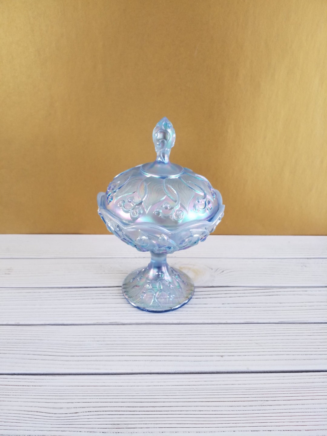 Fenton Misty Blue Iridescent Lily of the Valley Pedistal Candy Dish ...