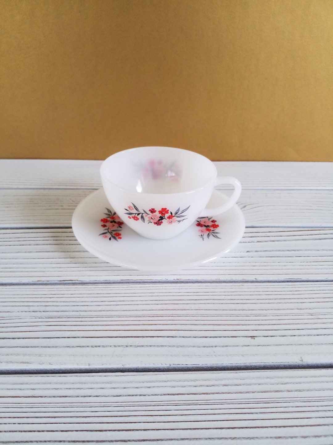 Primrose Fire King Cup Saucer Pink Red Flowers Milk Glass Vintage - Etsy