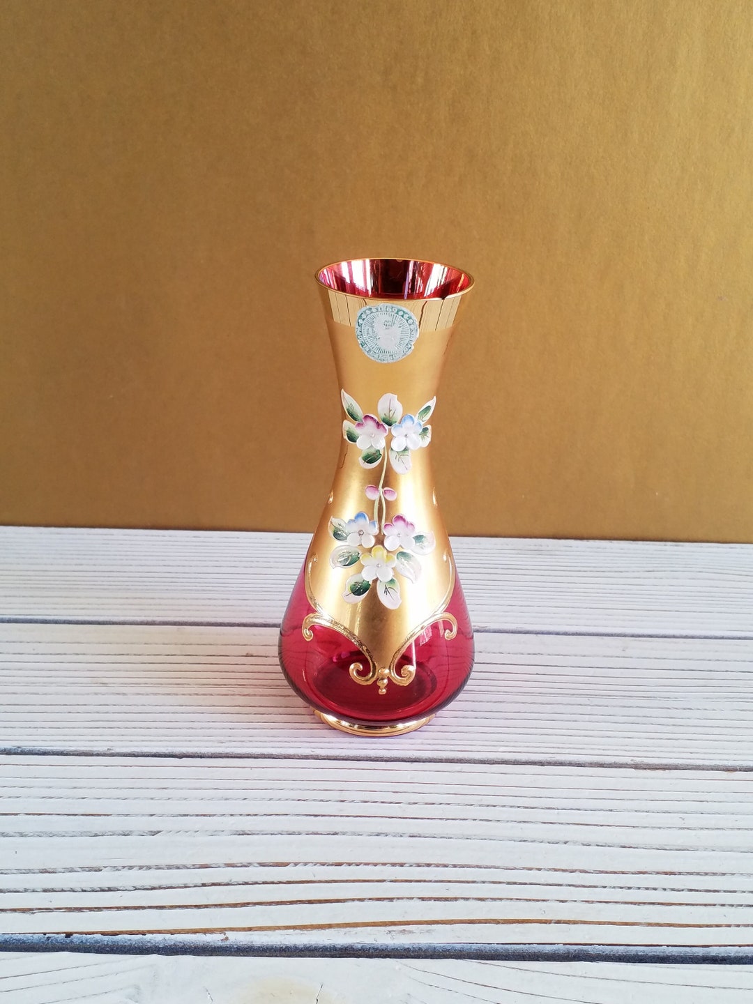 Czechoslovakia Glass Vase Venetian Gold Applied Flowers - Etsy