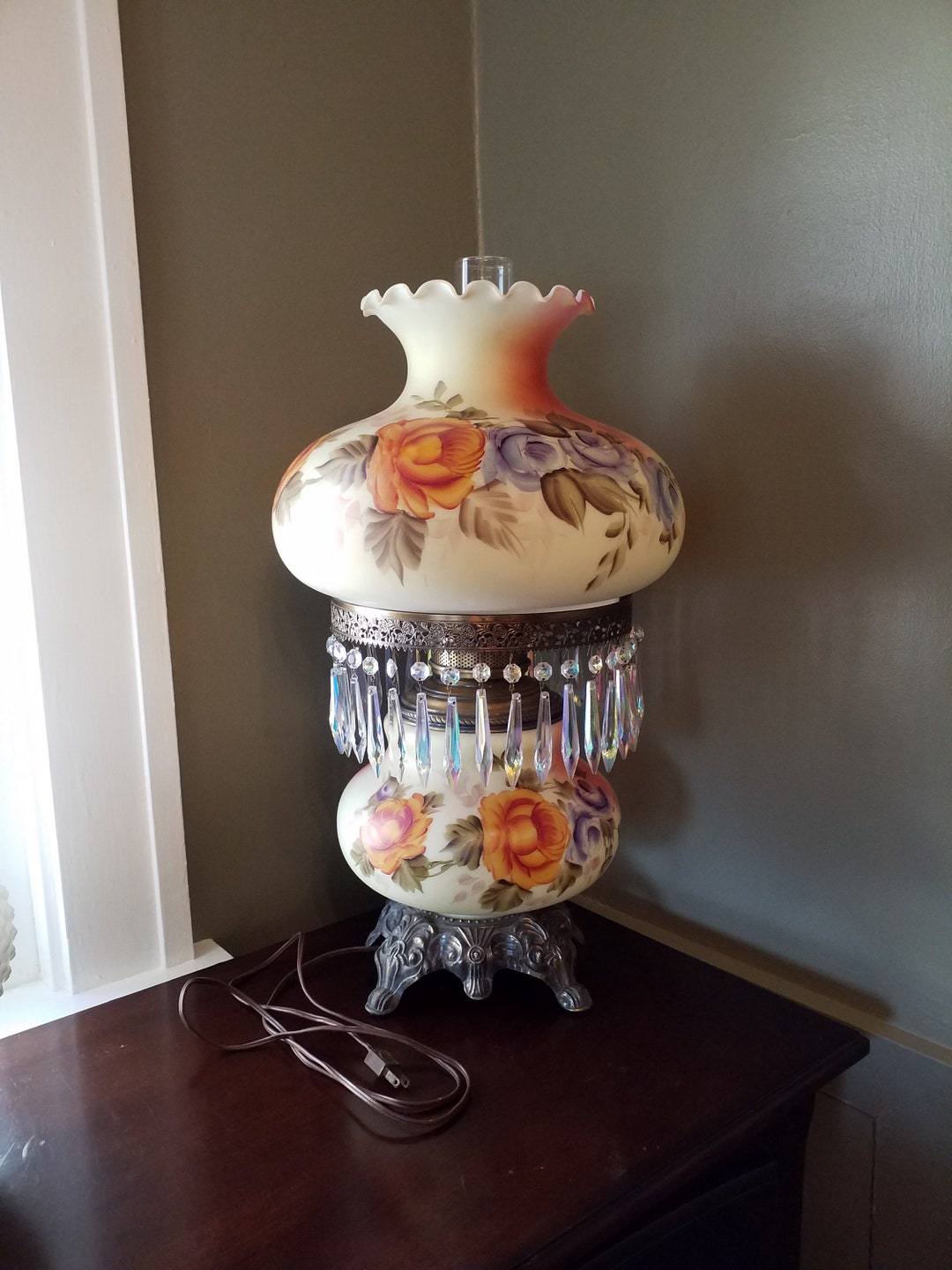Vintage Lamp Blue Purple Orange Flowers Roses Parlor Hand Painted ...