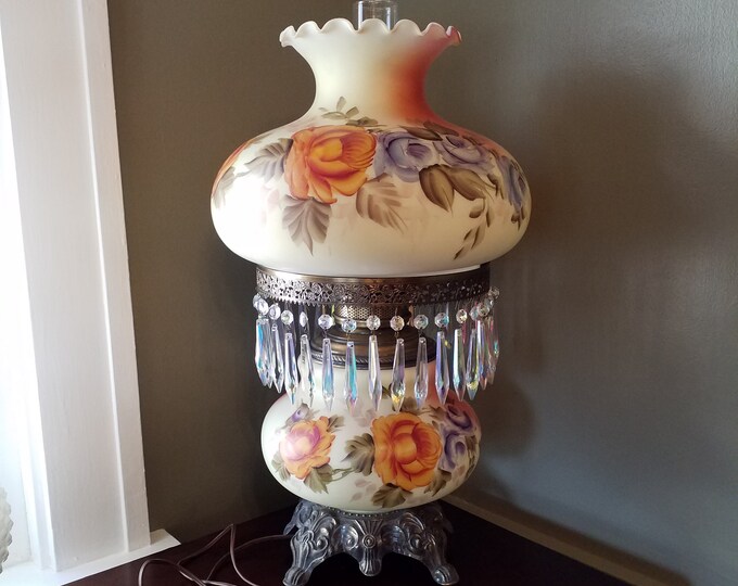 Vintage Lamp Blue Purple Orange Flowers Roses Parlor Hand Painted ...