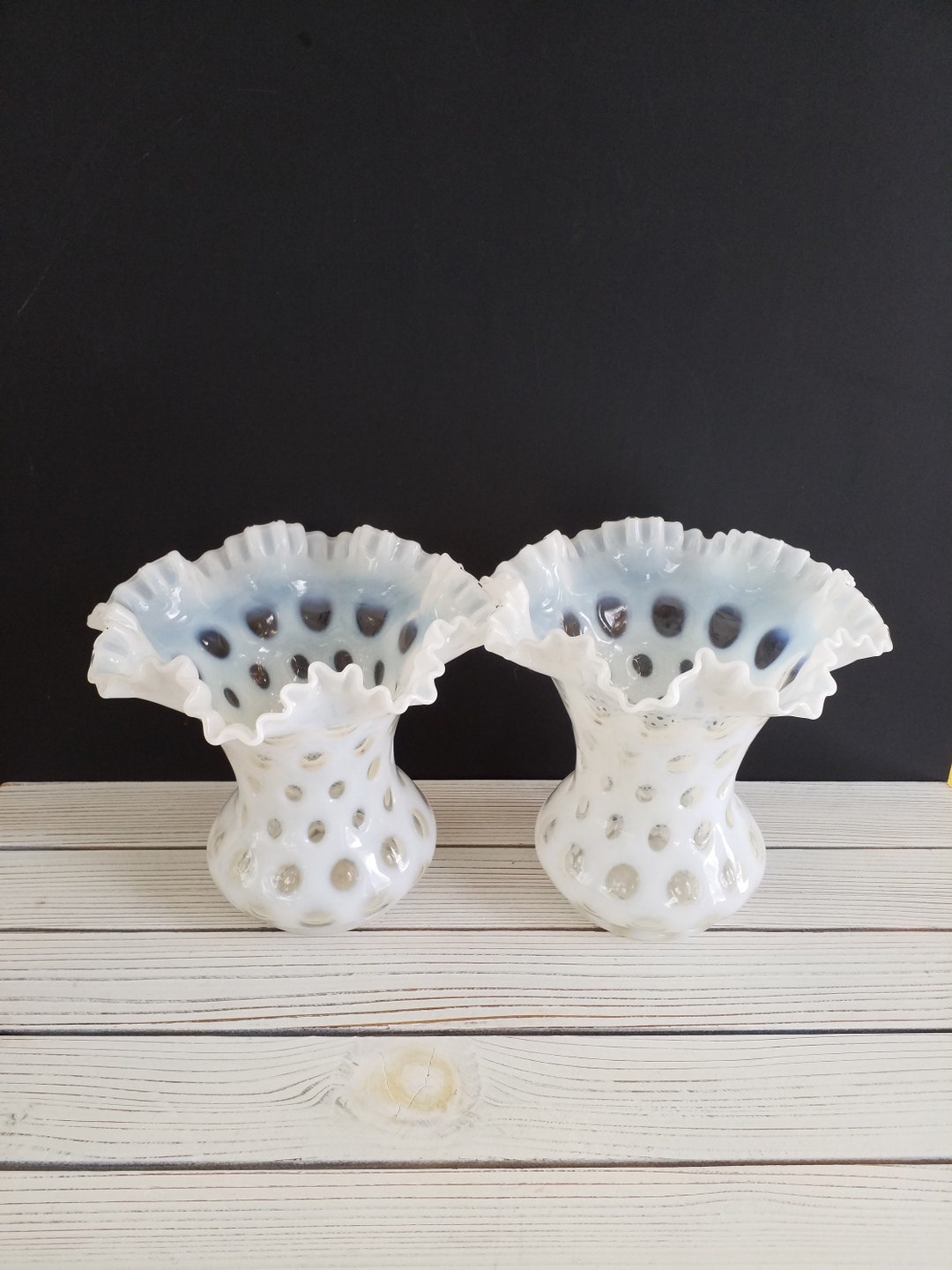 White Coin Dot Fenton Vases White Opalescent Crimped Ruffled Set of 2 ...