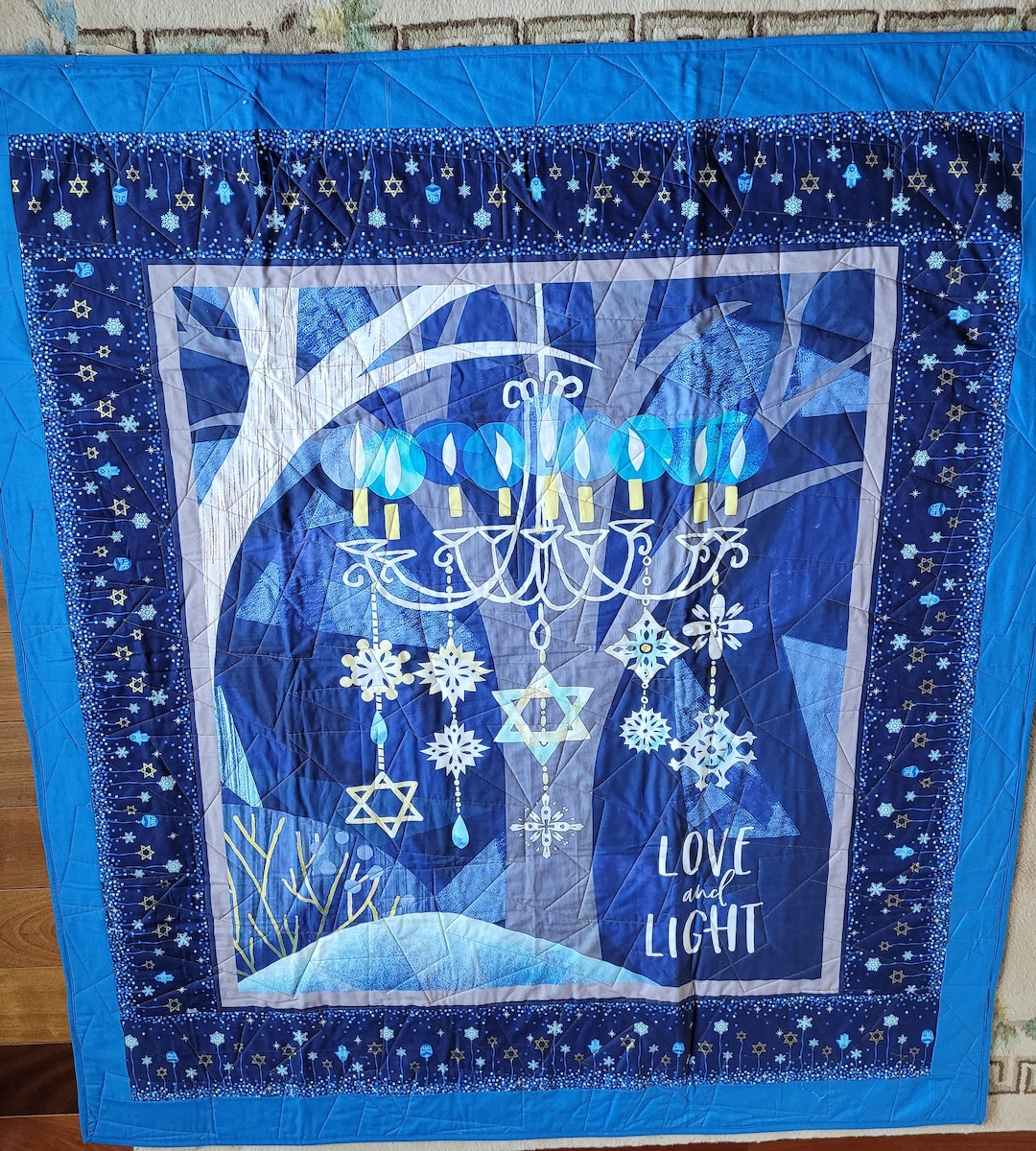 Contemporary Blue and Gold Hannukah Menorah Lap Quilt, Wall Hanging ...