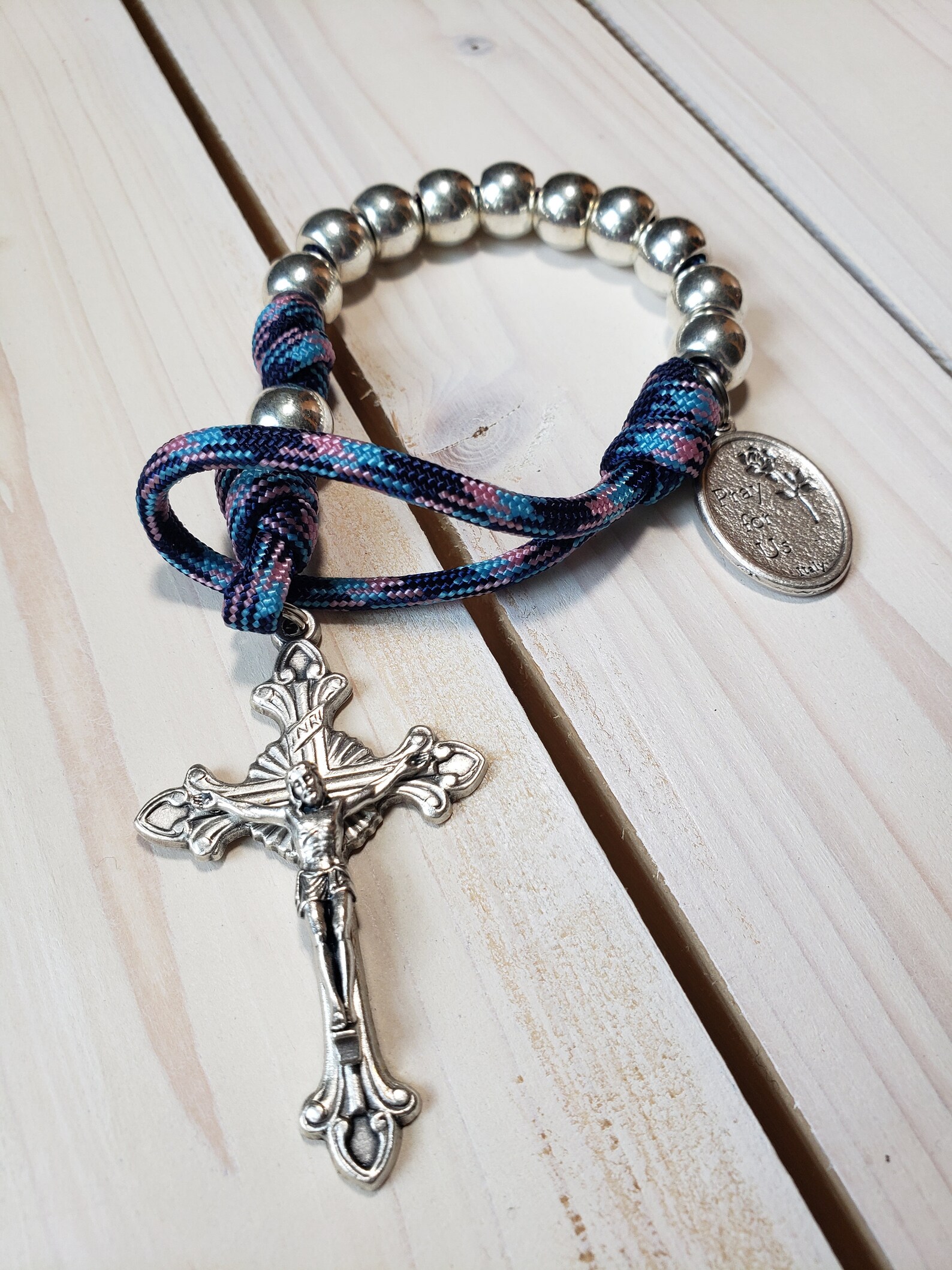 Nebula Blue Paracord, Silver Pocket Rosary - Sunburst Crucifix ...