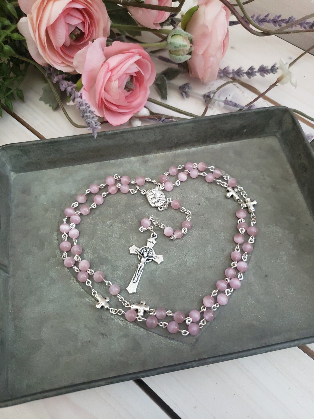 Girls Baptism Rosary - Pink Cats Eye Glass Catholic Rosary - Etsy