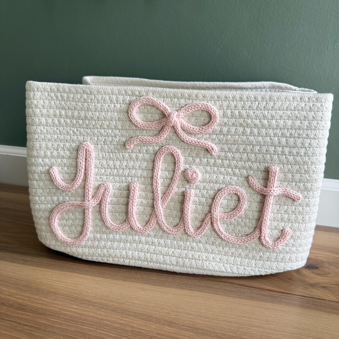 Personalized Name Basket With Bow, Baby Shower Gift Basket, Monogram ...