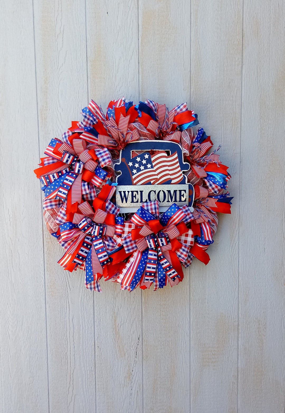 Patriotic Mesh Wreath/ Welcome Sign/ American Flag / Red White Blue ...