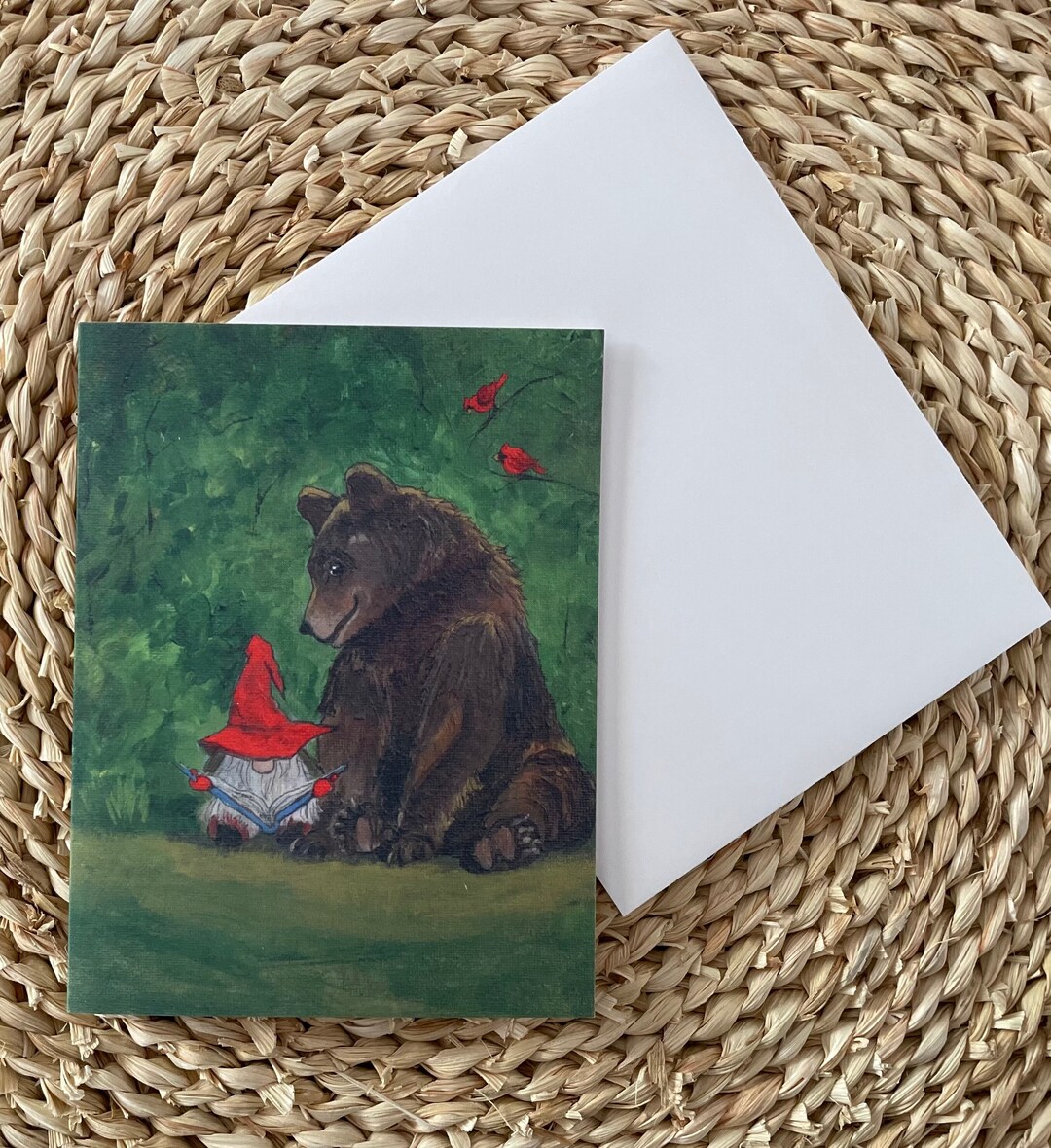 Gnome and Bear, Storytime Blank Card, Librarian Card, Book Lover's ...