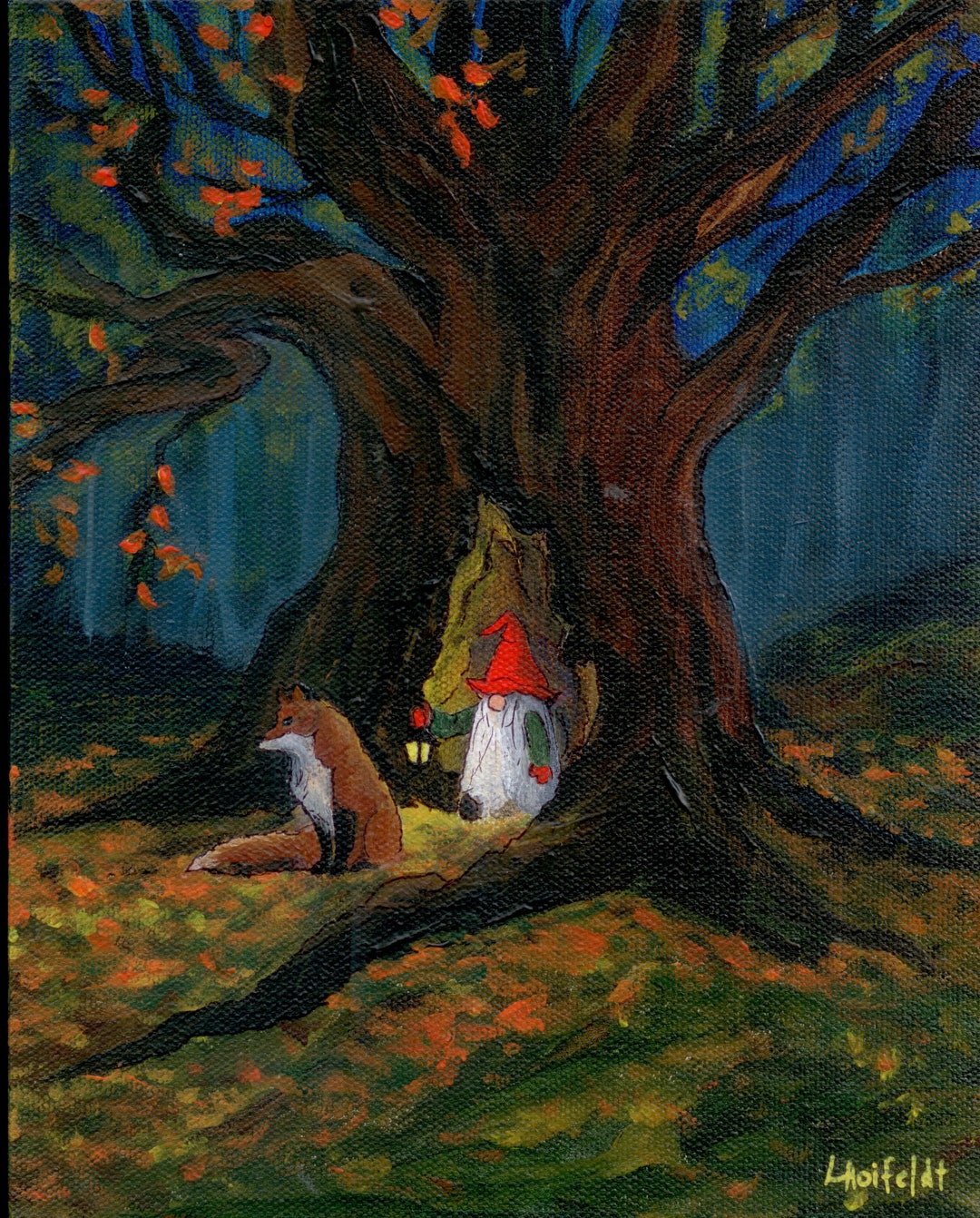 Gnome and Fox Autumn Night Painting, Gnome Nisse Tomte Fall Forest - Etsy