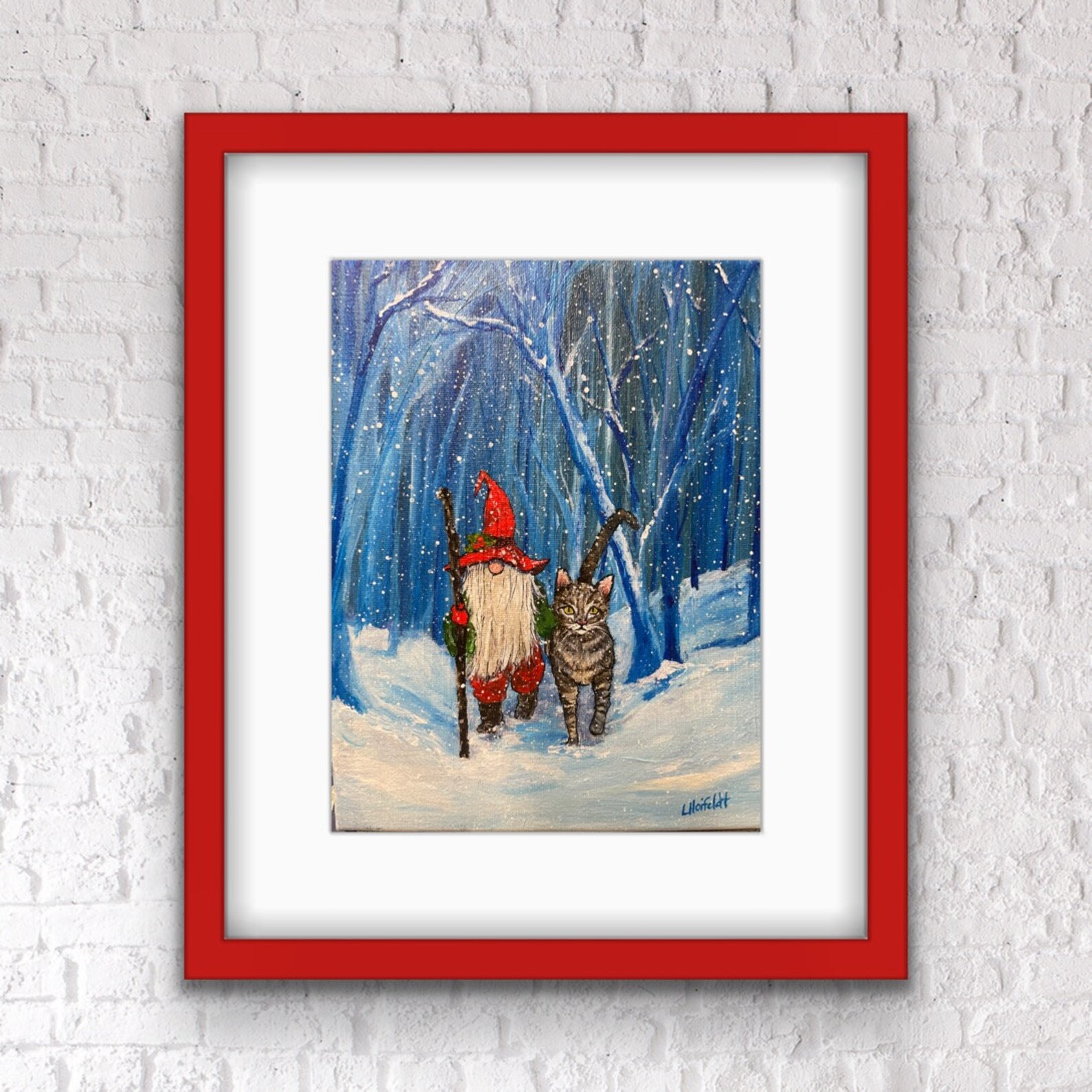 Gnome and Cat Snow Walk 8x10 Art Print | Nisse Tomte Christmas Holiday ...