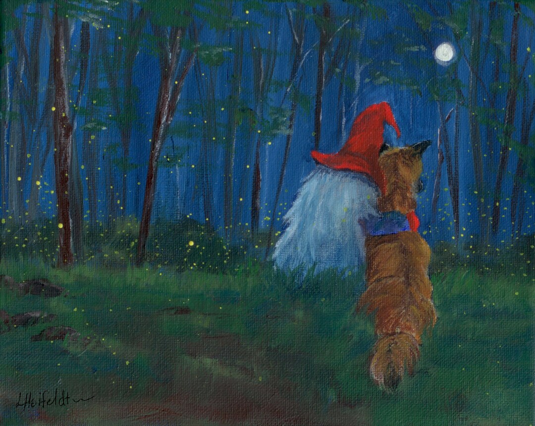 Firefly Fox and Gnome, Nisse Tomte Fox Hug Original Art Print - Etsy