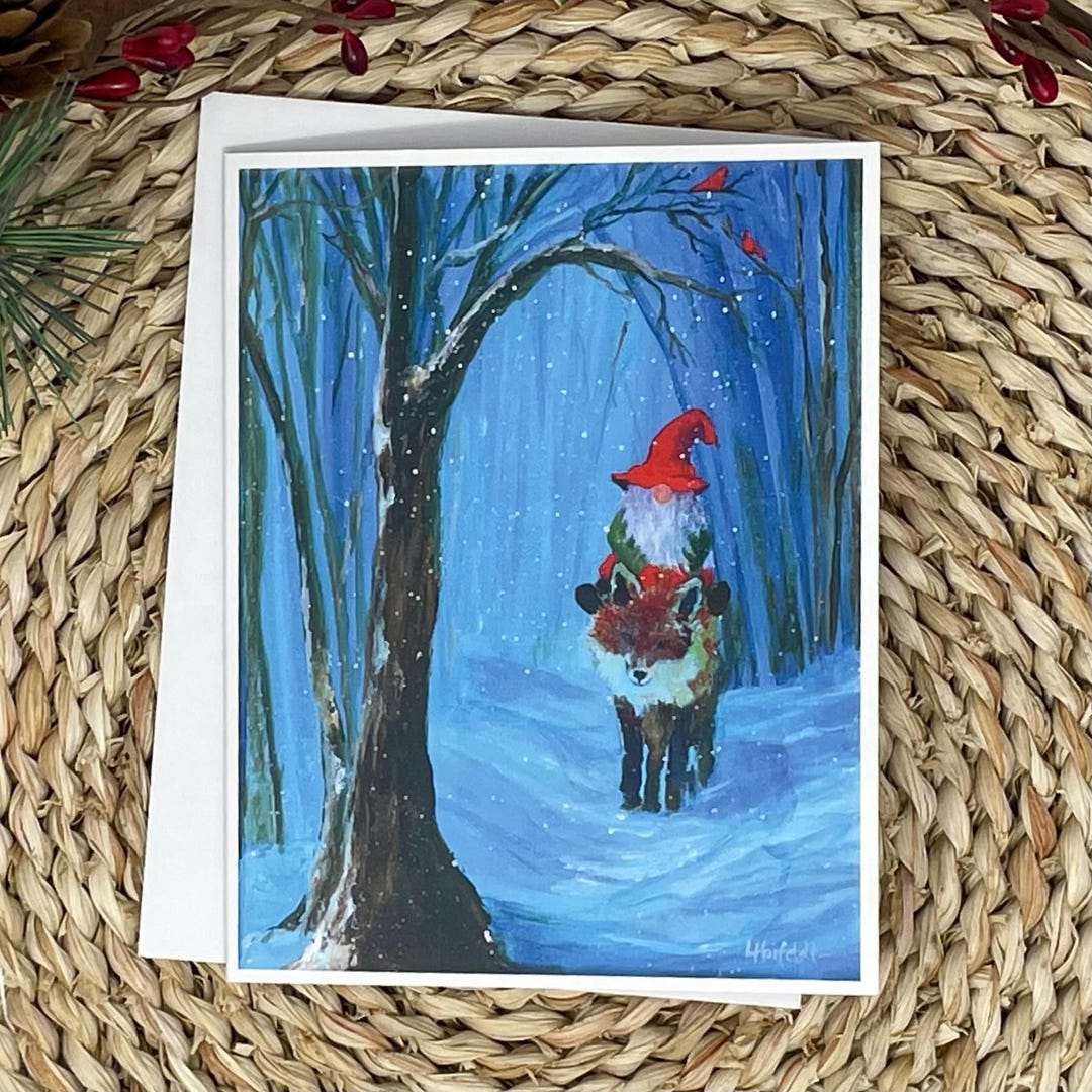 Gnome and Fox Ride Card – Snowy Forest Winter Scene – 4x6 Blank Card ...