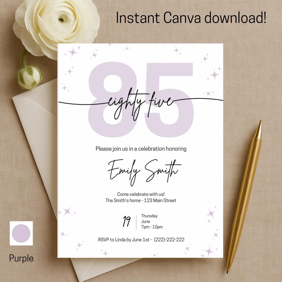 Elegant Script 85th Birthday Invitation Template | Instant Canva ...