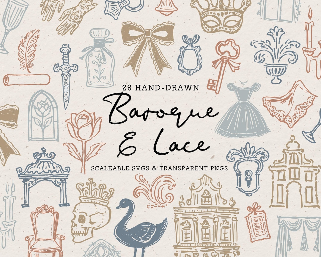 Baroque & Lace Clipart, Gilded Age SVG PNG Line Art, Hand Drawn Doodle ...