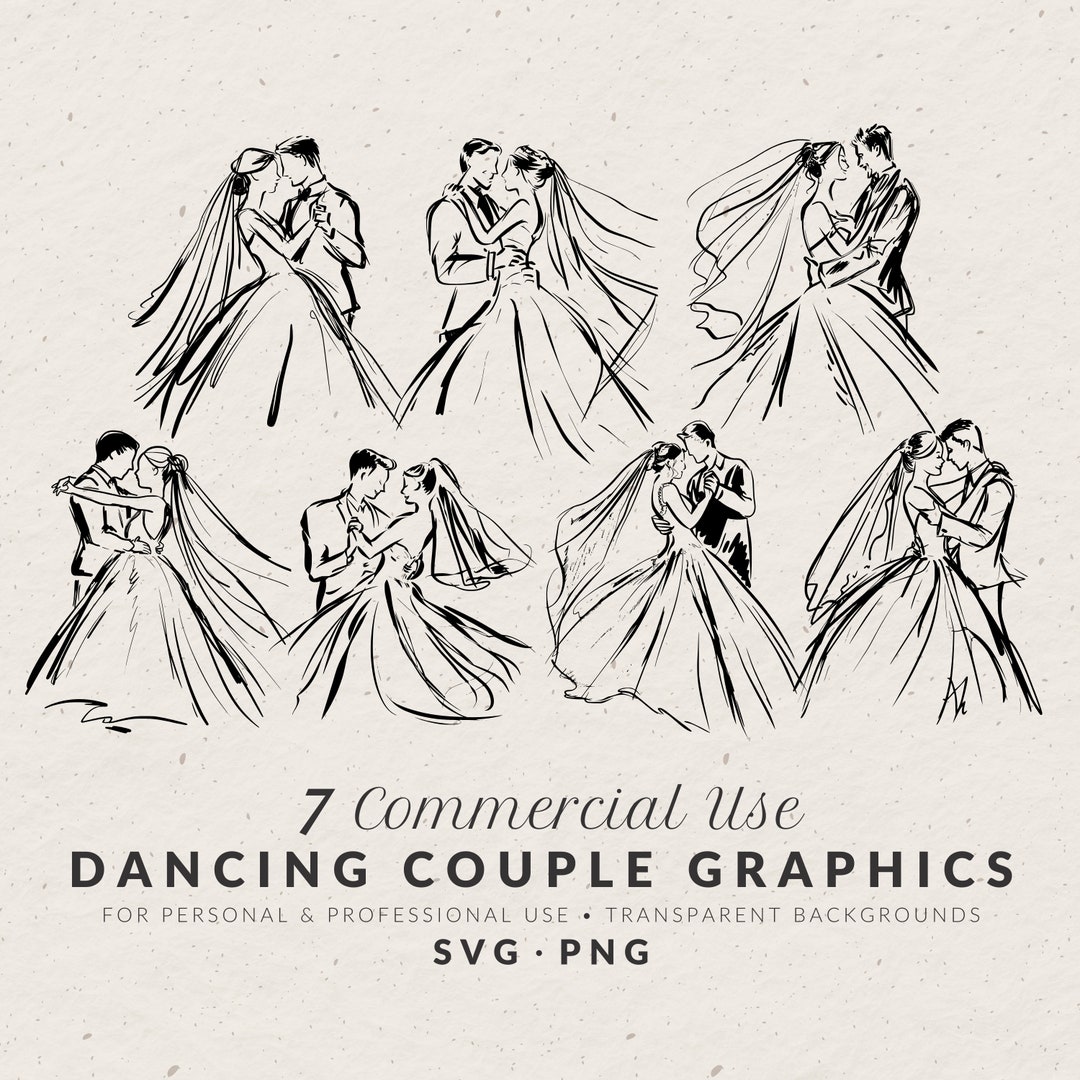 Hand Drawn Dancing Wedding Couple Illustration Bundle SVG PNG, Vintage ...