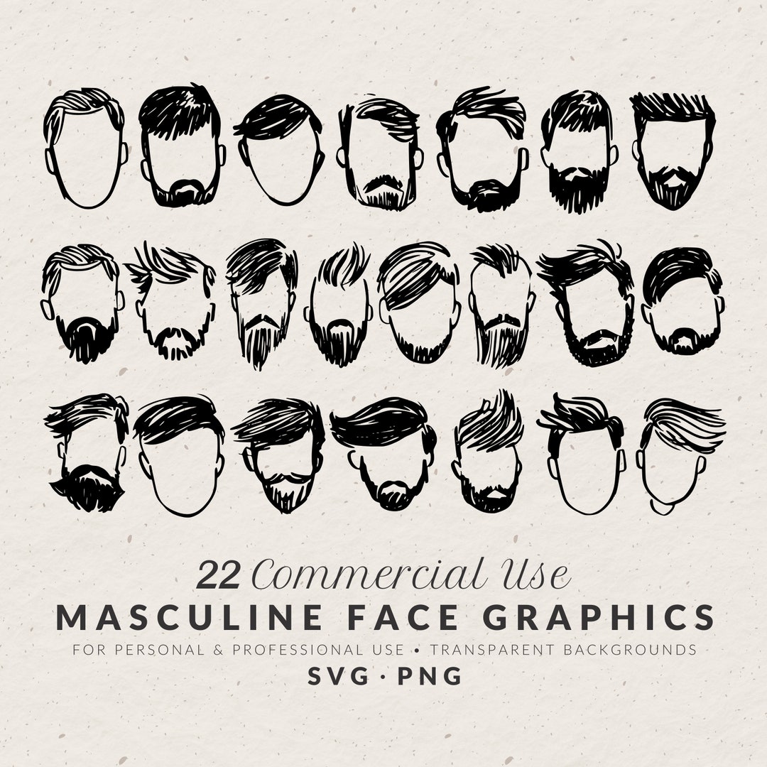 Hand Drawn Blank Man Face Illustration Bundle SVG PNG, Bearded Man ...
