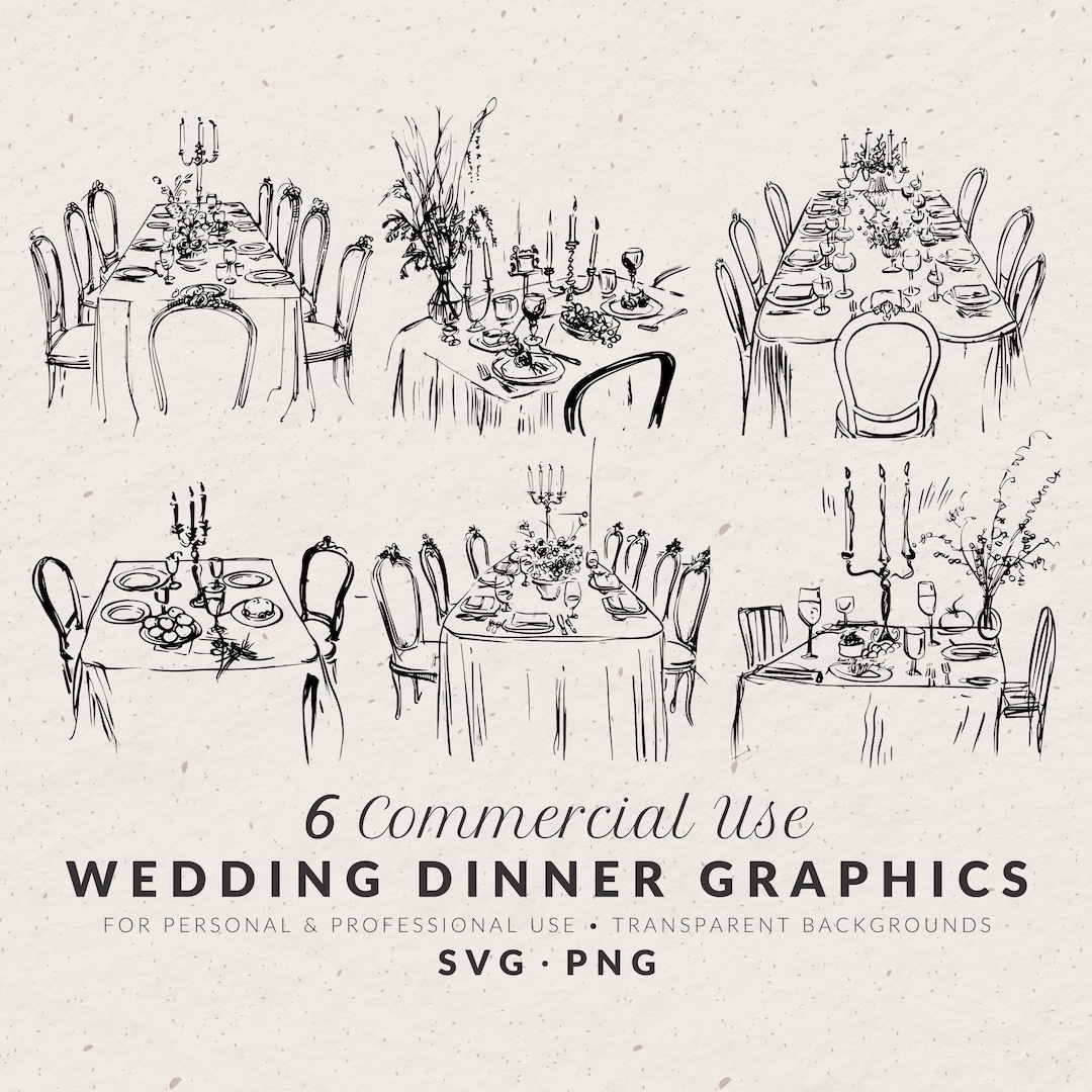 Hand Drawn Wedding Dinner Table Illustration Bundle SVG PNG, Vintage ...