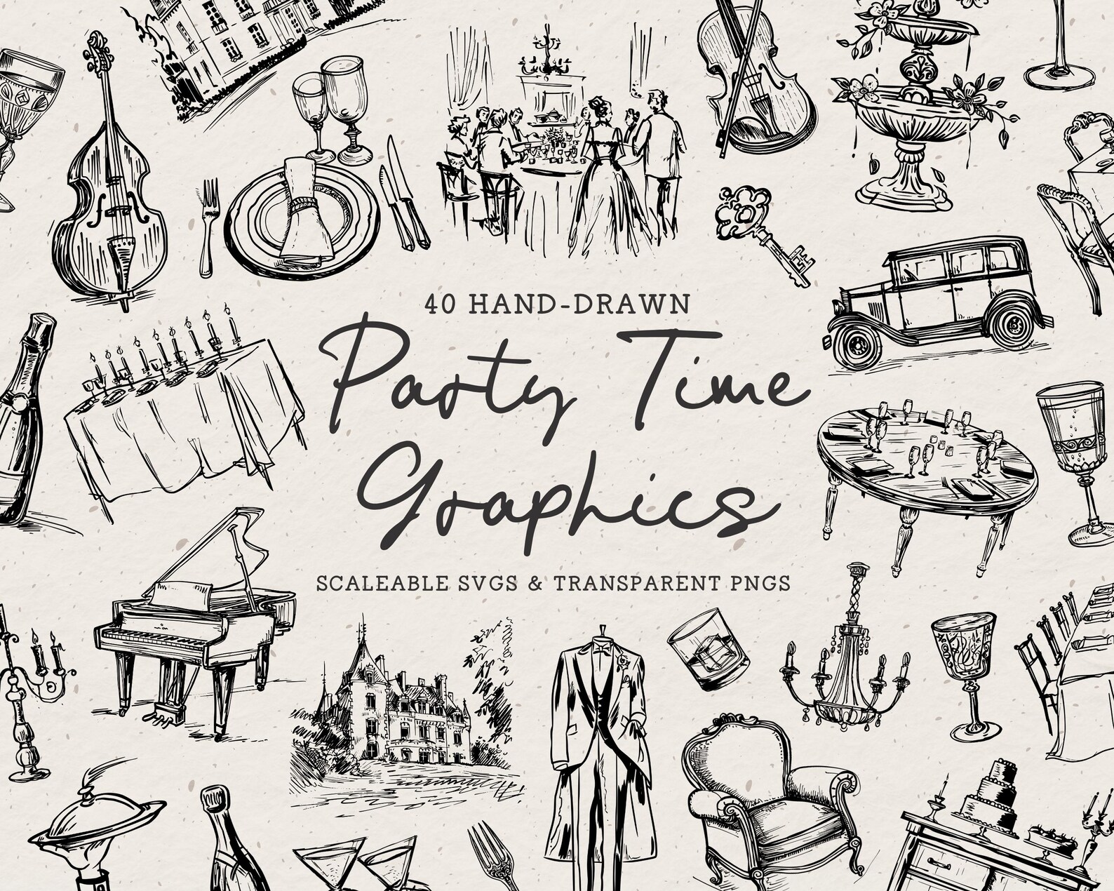 Hand Drawn Vintage Fancy Party Illustration Bundle SVG PNG, Cocktail ...