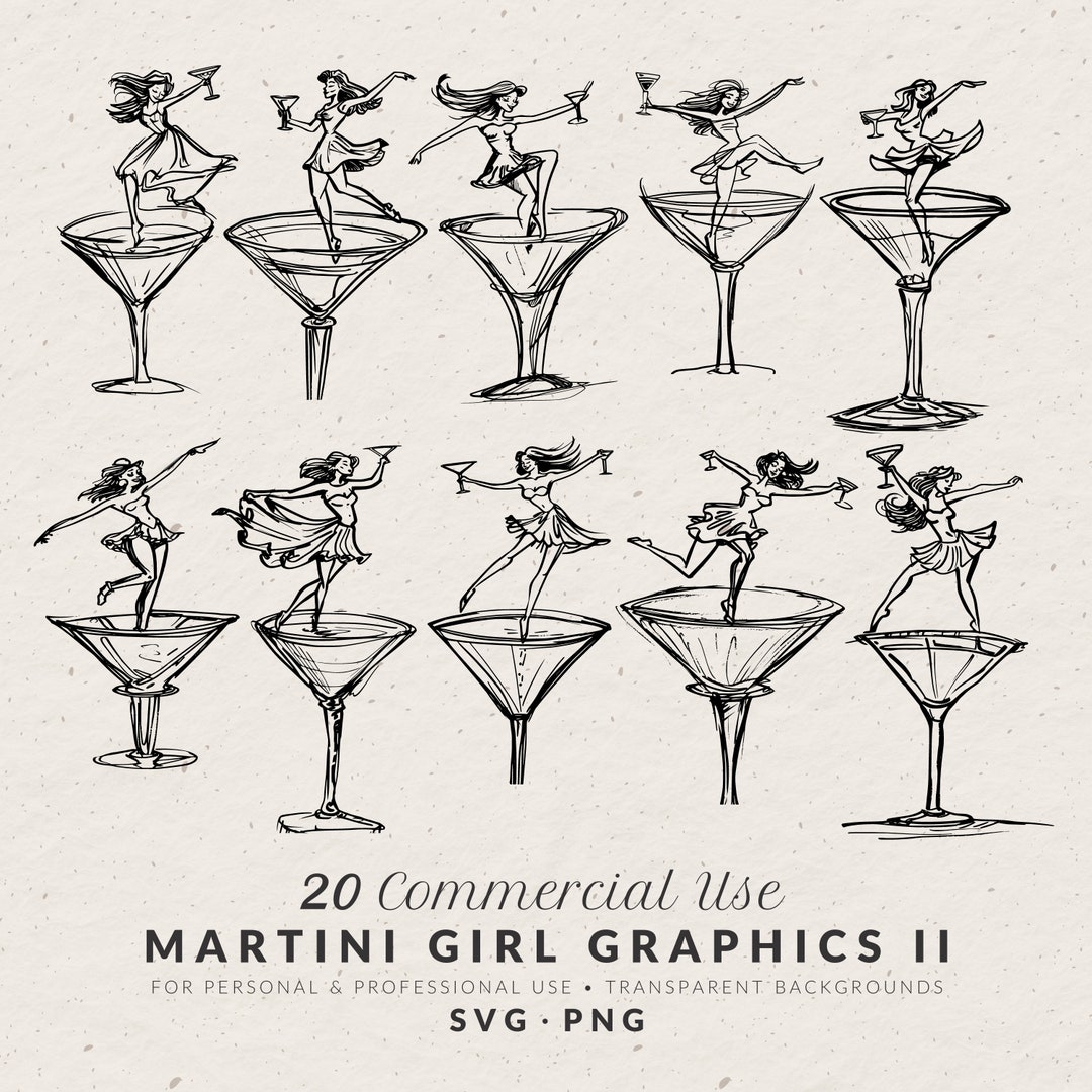 Hand Drawn Dancing Martini Girl Illustration Bundle SVG PNG, Vintage ...