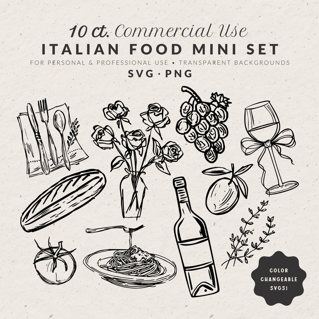 Hand Drawn Italian Food Illustration Set SVG PNG, Wine Grape Pasta ...