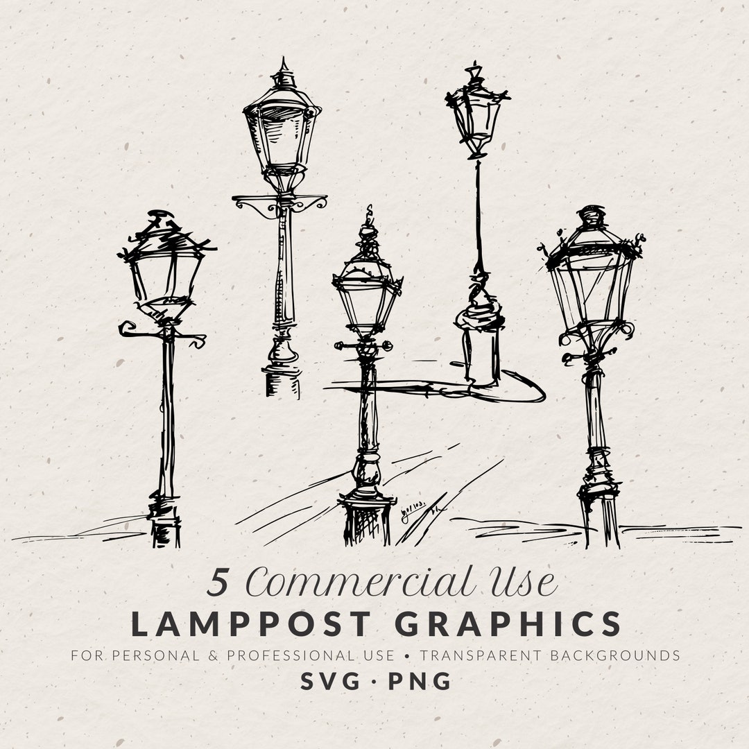 Hand Drawn Lamppost Illustration Bundle SVG PNG, Vintage Lamp Post ...