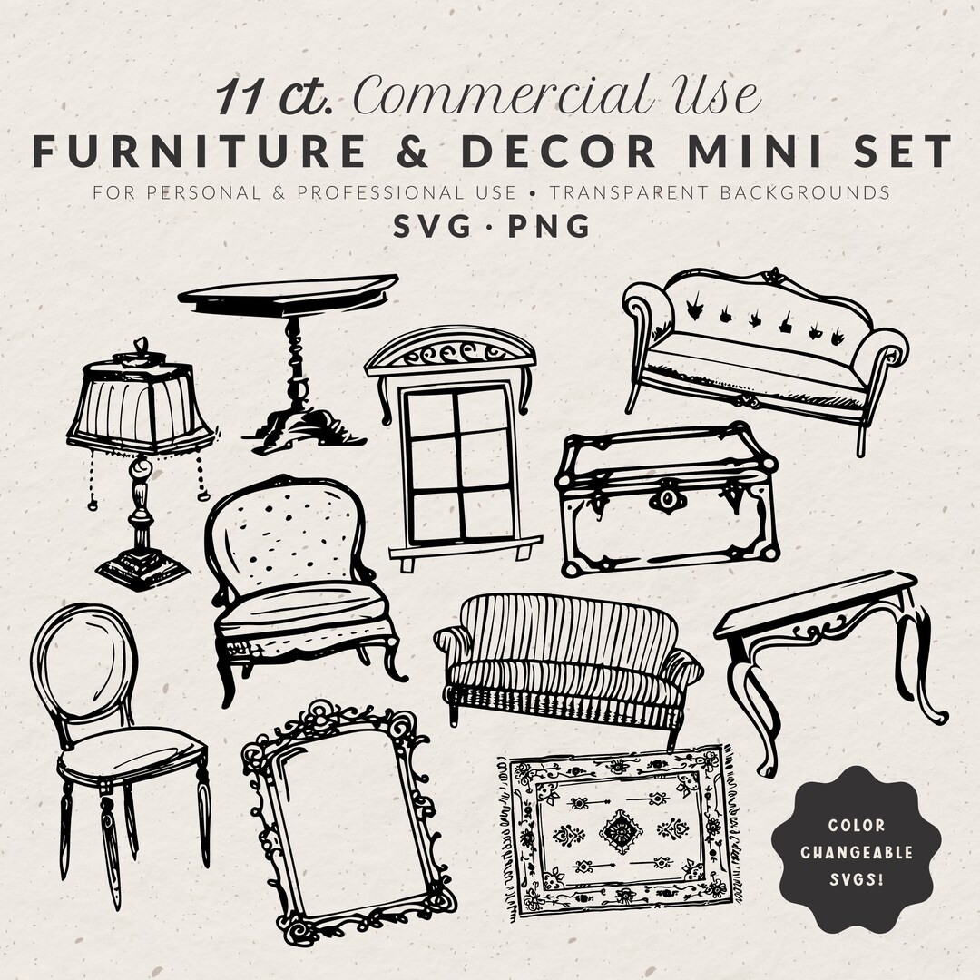 Hand Drawn Furniture and Decor Illustration Set SVG PNG, Sofa, Chair ...