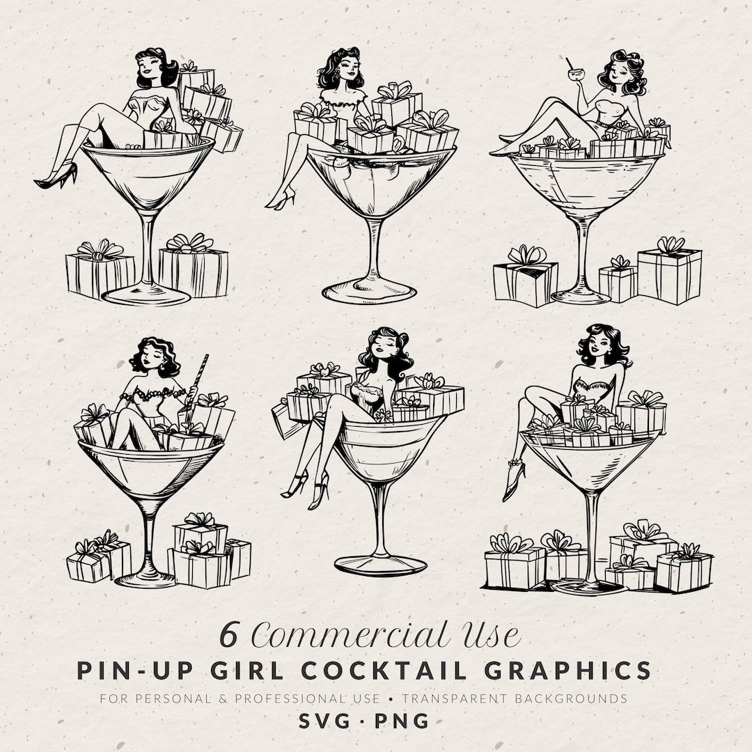 Hand Drawn Woman in Martini Glass Illustration SVG, Whimsical Pin-up ...