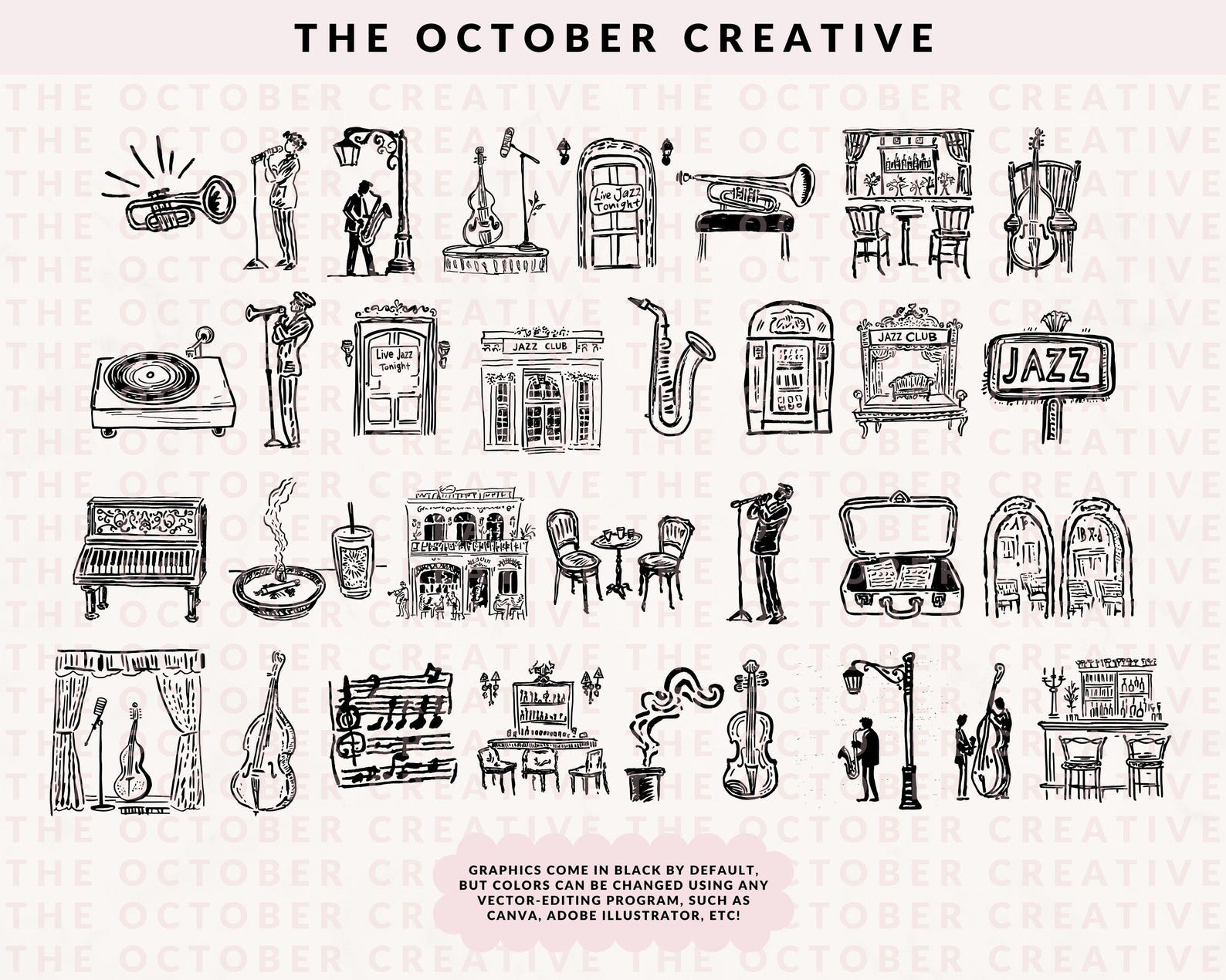 Speakeasy Jazz Clipart Set, Illustrated Swing Era Sketch Doodle Bundle ...