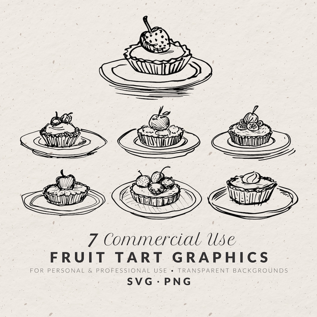 Hand Drawn Fruit Tart Illustration Bundle SVG PNG, Vintage Food Doodles ...