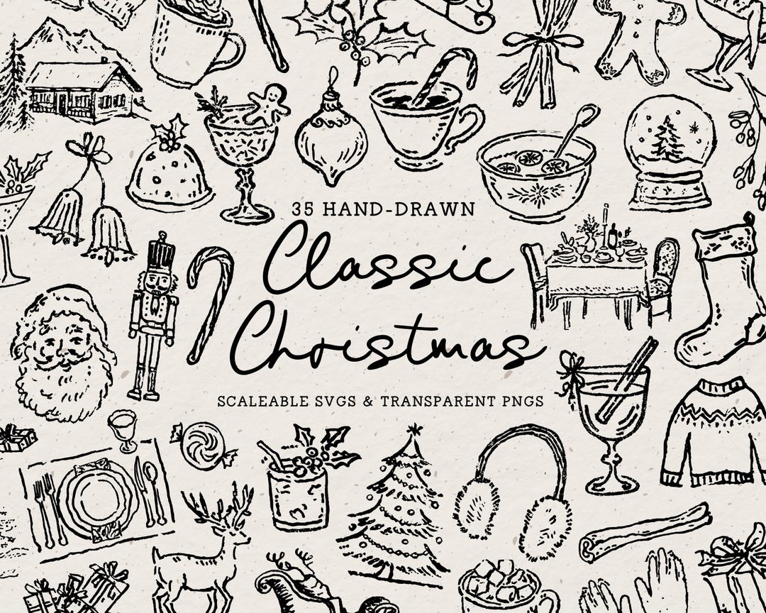 Classic Vintage Christmas Clipart, Hand Drawn Holiday Doodles, Santa ...
