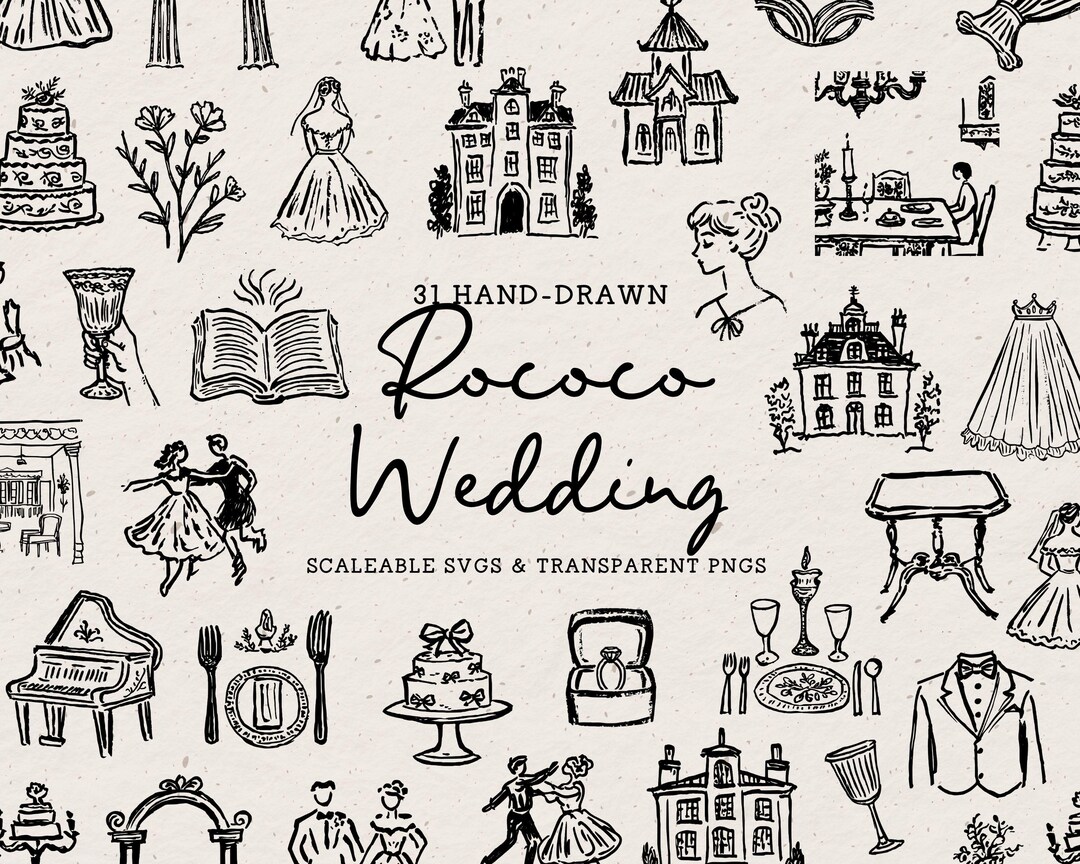 Rococo Wedding Clipart, Hand Drawn Doodle Illustration Bundle ...
