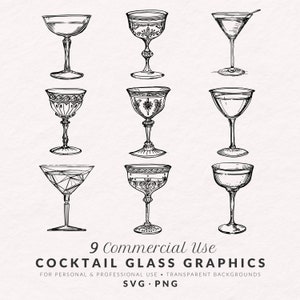 Hand Drawn Cocktail Glass Illustrations, Whimsical Wedding Doodle Line ...