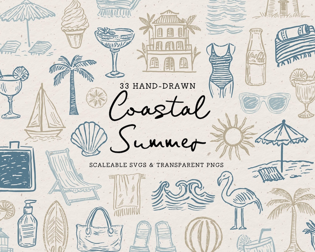 Hand Drawn Coastal Summer Clipart, SVG PNG Doodles, Beach Illustration ...