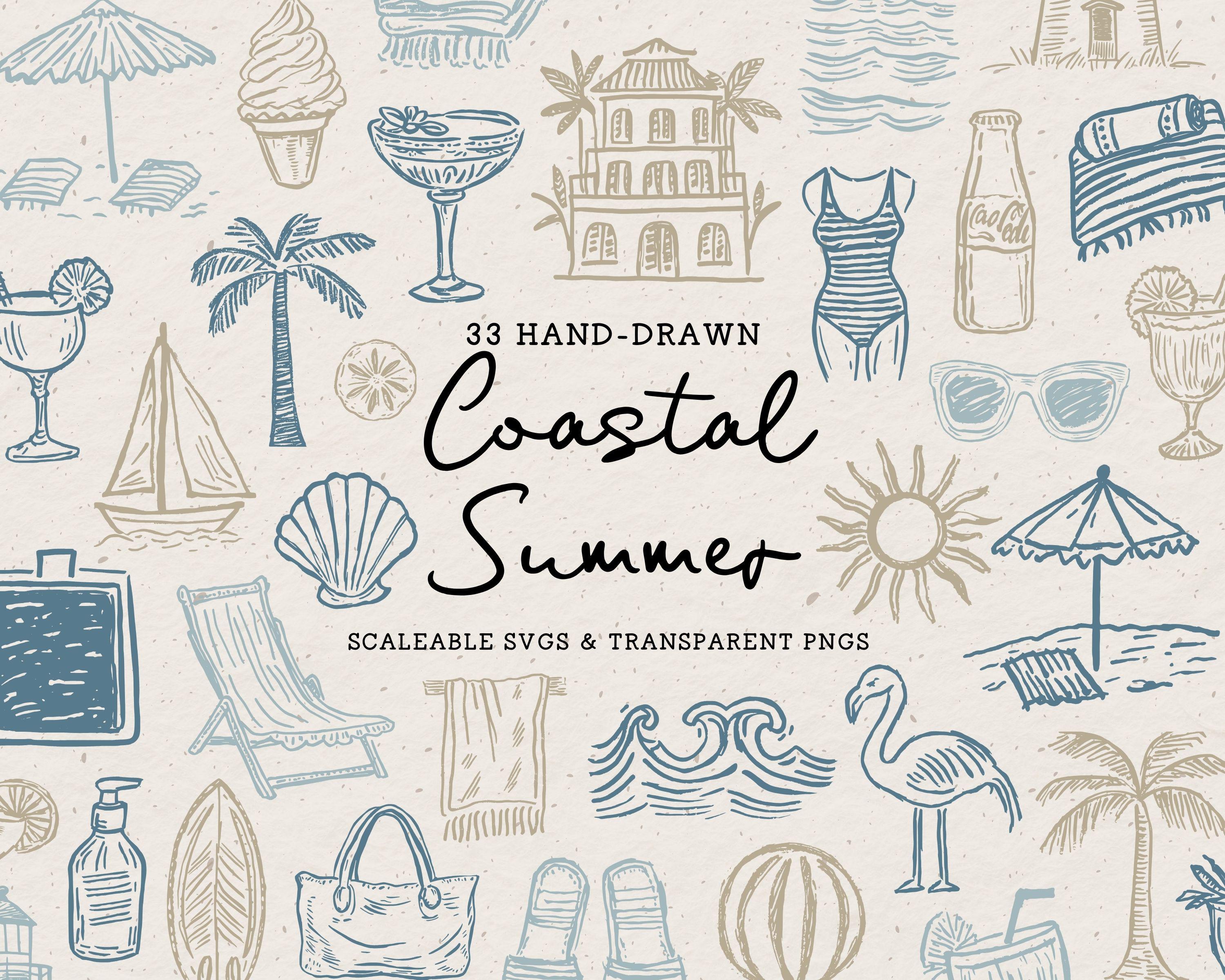 Hand Drawn Coastal Summer Clipart, SVG PNG Doodles, Beach Illustration ...
