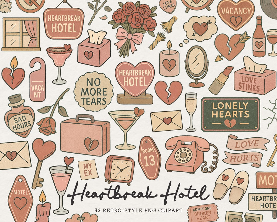Heartbreak Hotel Clipart Bundle, Retro Graphics for Party Invitations ...
