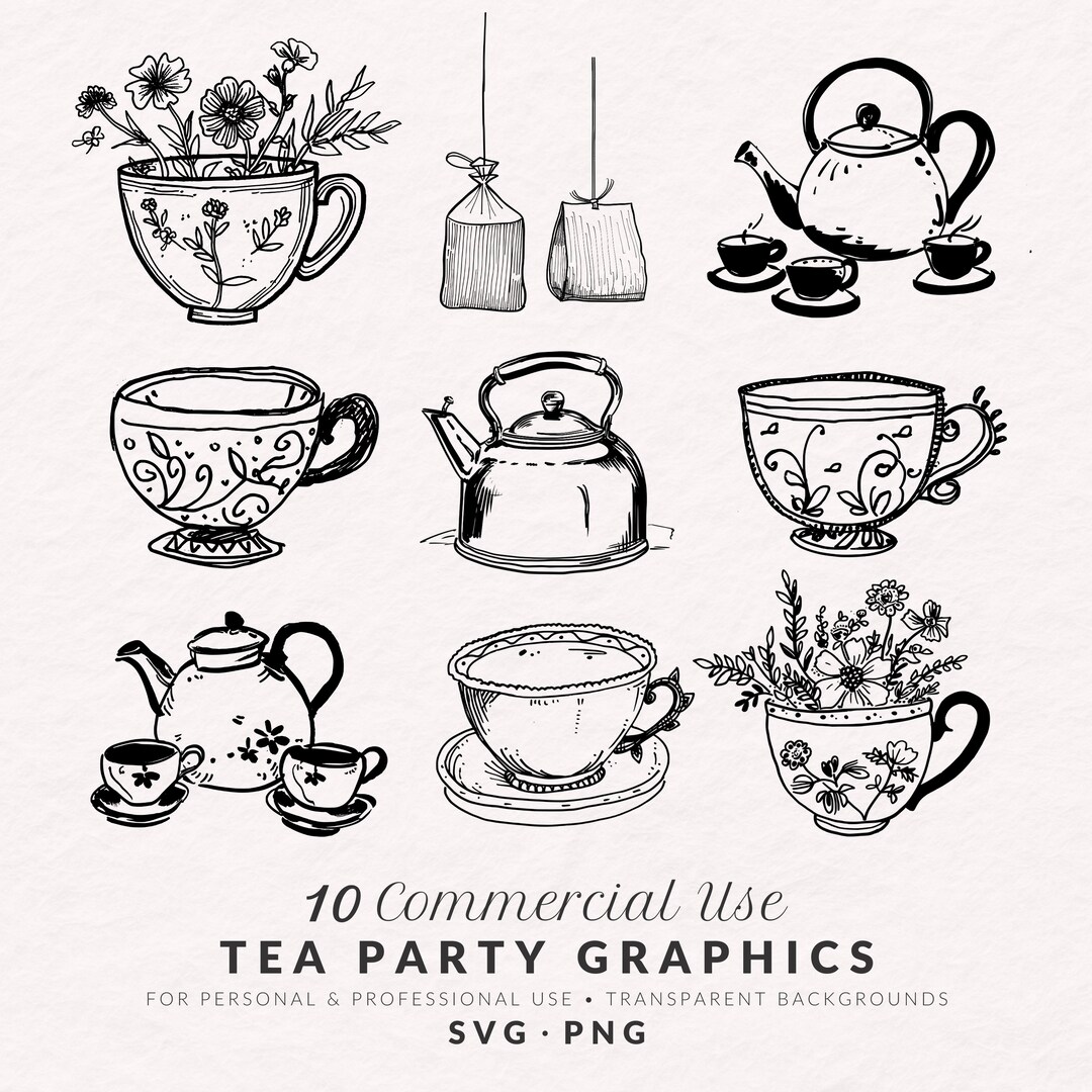 Hand Drawn Tea Party Illustrations, SVG PNG, Hand Drawn Tea Set Icons ...