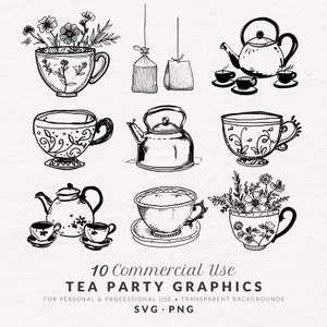 Hand Drawn Tea Party Illustrations SVG PNG, Hand Drawn Tea Set Icons ...